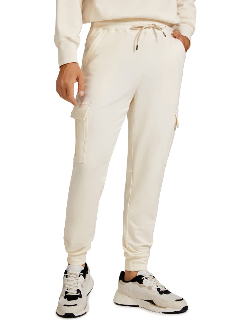 CRZ YOGA Men's Cargo Joggers Pants - 29" Cotton Lightweight Casual Lounge Athletic Workout Sweatpants with Pockets White Apricot X-Large