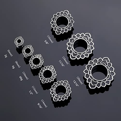 COCHARM 2PCS 8mm Ear Gauges Black Plugs Gauges Double Flare Lotus Gauge Earrings Size 0g Gauge Plugs for Ear Stainless Steel 0 Gauges for Women