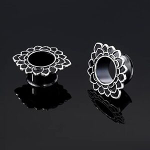 COCHARM 2PCS 8mm Ear Gauges Black Plugs Gauges Double Flare Lotus Gauge Earrings Size 0g Gauge Plugs for Ear Stainless Steel 0 Gauges for Women