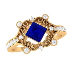 rosec jewels certified lab grown blue sapphire diamond vintage ring, 5 mm sapphire princess cut engagement ring, aaaa quality, 14k yellow gold, size:us 7.50