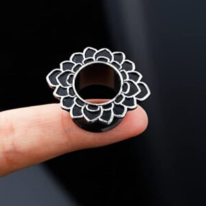 COCHARM 2PCS 8mm Ear Gauges Black Plugs Gauges Double Flare Lotus Gauge Earrings Size 0g Gauge Plugs for Ear Stainless Steel 0 Gauges for Women