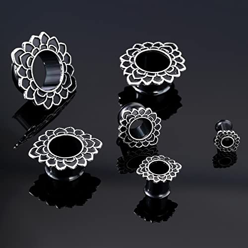 COCHARM 2PCS 8mm Ear Gauges Black Plugs Gauges Double Flare Lotus Gauge Earrings Size 0g Gauge Plugs for Ear Stainless Steel 0 Gauges for Women