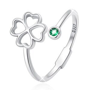 mundell 925 sterling silver simple four leaf clover adjustable ring green zircon lucky statement rings for women stacking rings fashion jewelry