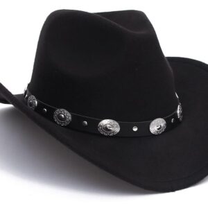 Black Cowboy Cowgirl Hat for Women Men Western Style Wide Brim Felt Fedora Panama Hat with Detachable Belt Buckle