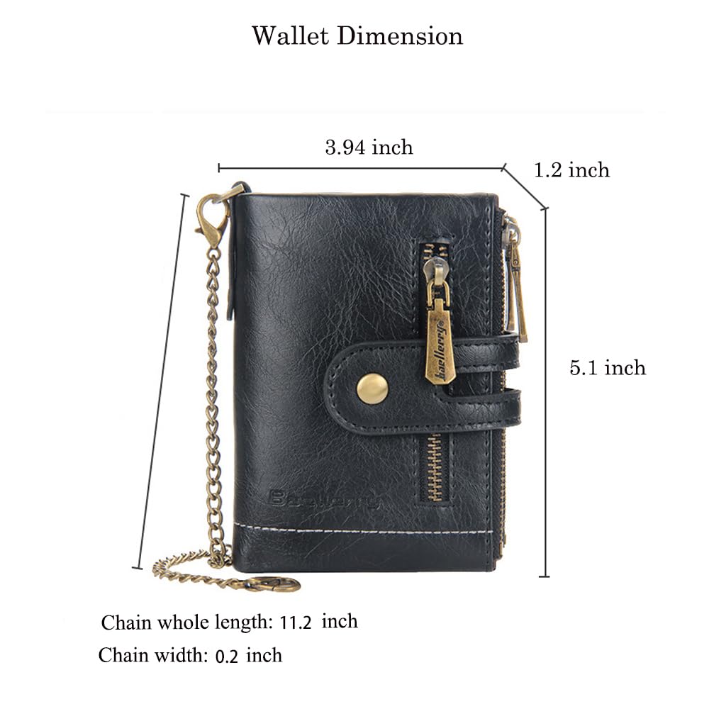 Mens Wallet with Chain PU Faux Leather Bifold Wallet for Men Double Zipper Coin Pocket Purse Double Anti-Theft, Black