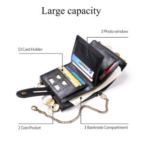 Mens Wallet with Chain PU Faux Leather Bifold Wallet for Men Double Zipper Coin Pocket Purse Double Anti-Theft, Black