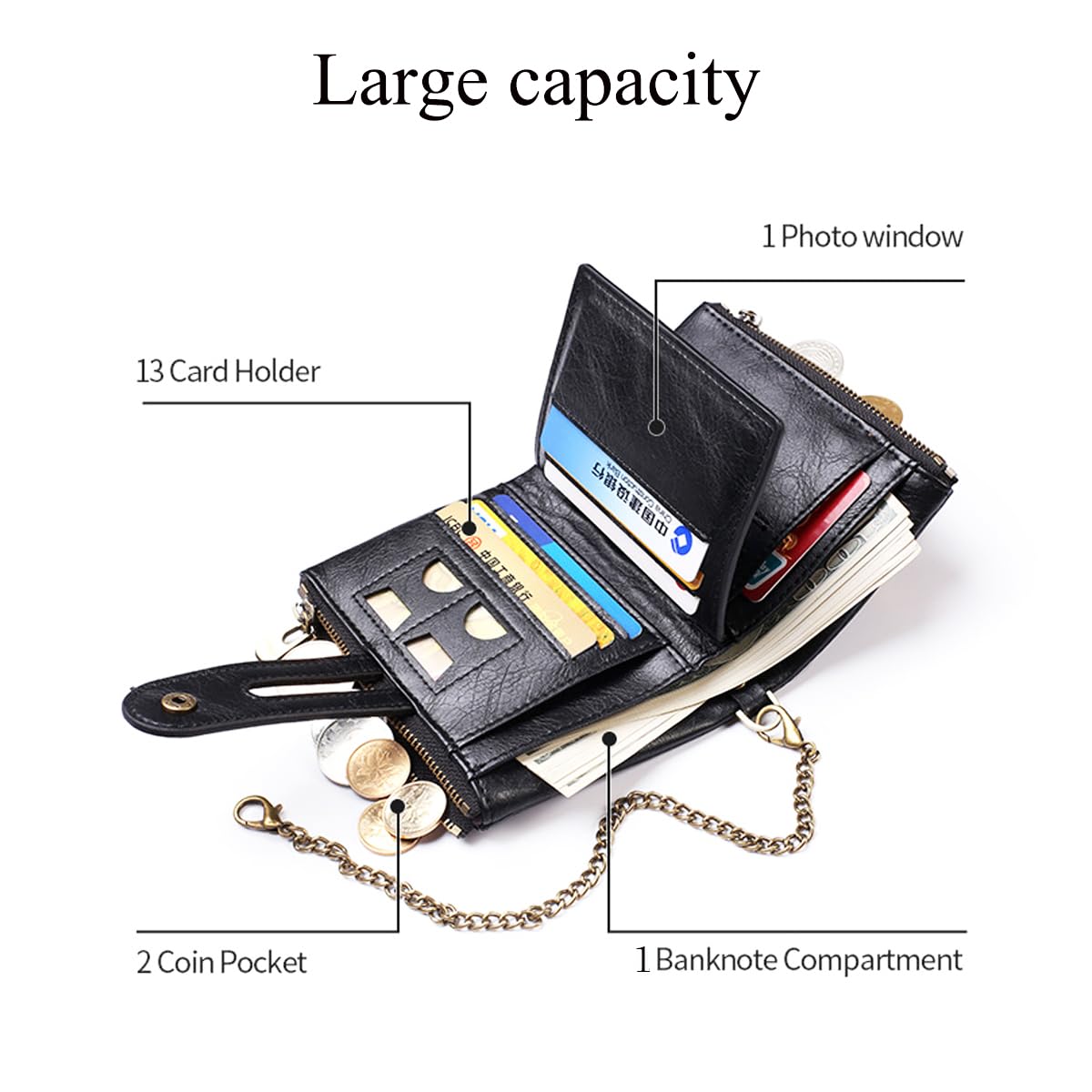 Mens Wallet with Chain PU Faux Leather Bifold Wallet for Men Double Zipper Coin Pocket Purse Double Anti-Theft, Black