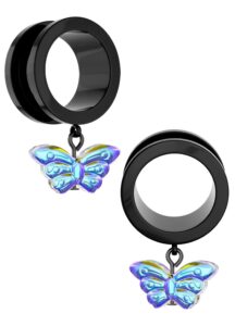 cocharm 2pcs 00g black ear gauges for women 10mm dangle screw on back gauge earrings stainlessl steel black 00 gauge tunnels for ears dangling butterfly 00g plugs gauges