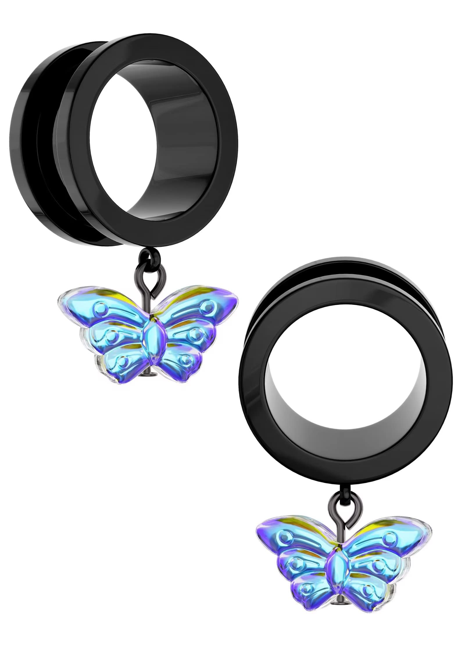 COCHARM 2PCS 00g Black Ear Gauges for Women 10mm Dangle Screw on Back Gauge Earrings Stainlessl Steel Black 00 Gauge Tunnels for Ears Dangling Butterfly 00g Plugs Gauges