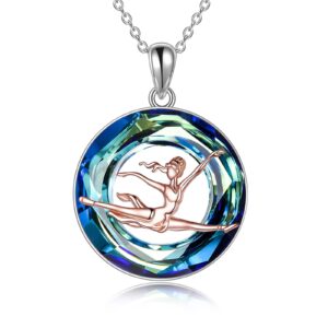 poplyke ballerina necklace gifts sterling silver dance pendant with circle bklue crystal jewelry for women dancer (silver-ballerina circle crystal necklace)