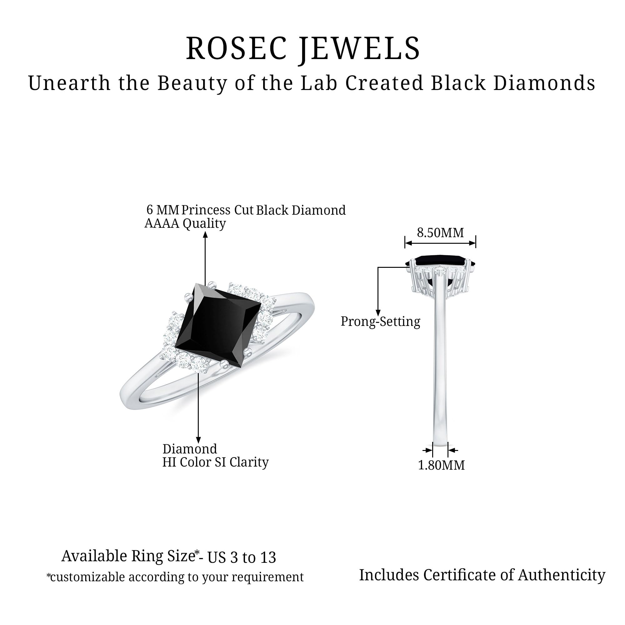 Certified Lab Grown Black Diamond Princess Cut Engagement Ring, AAAA Quality, Black and White Diamond Ring, 14K Rose Gold, Size:US 6.00