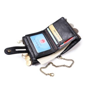 Mens Wallet with Chain PU Faux Leather Bifold Wallet for Men Double Zipper Coin Pocket Purse Double Anti-Theft, Black