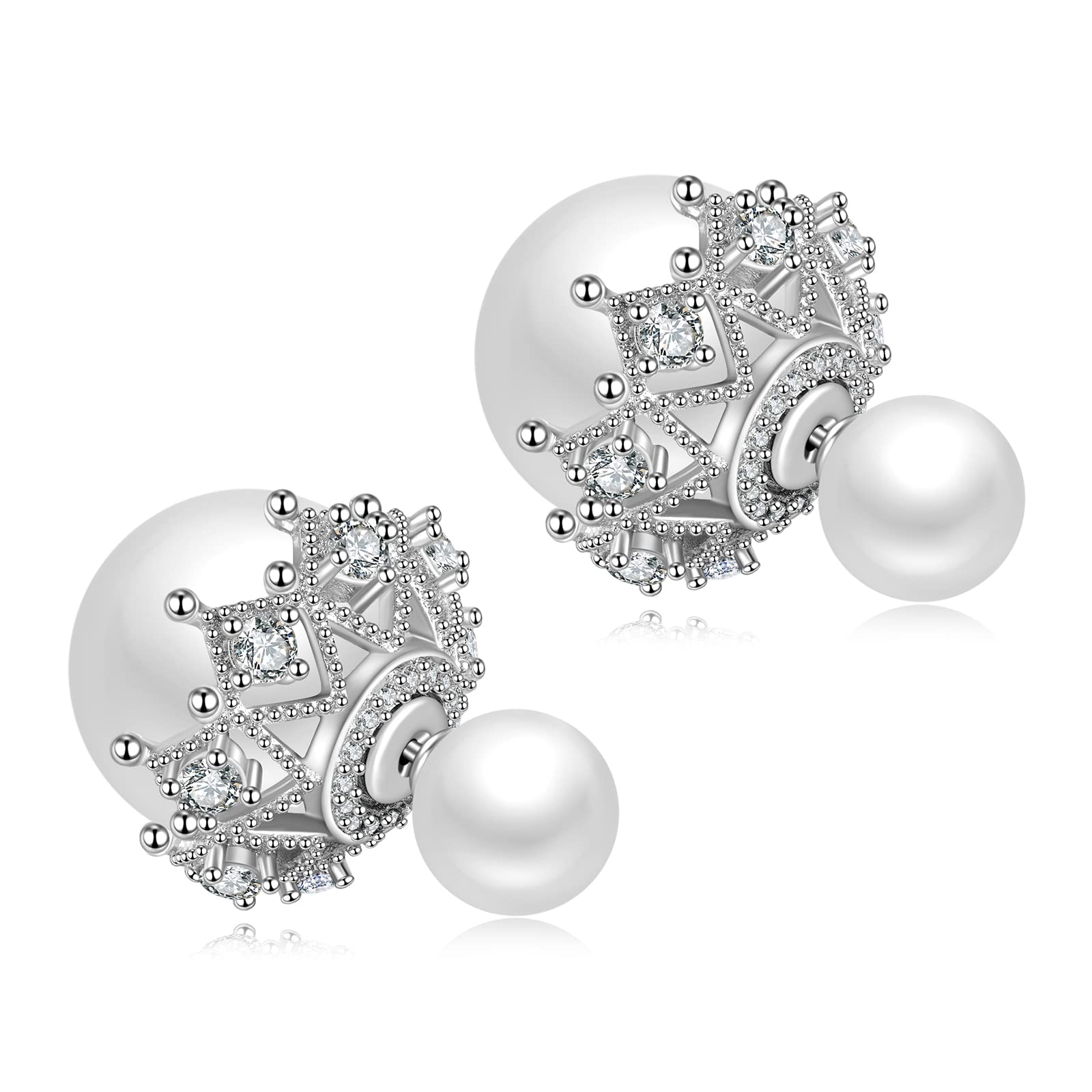 RIMGORIS Double-Sided White Pearl Hollow Zircon White Gold Plated Silver Stud Earrings for Women