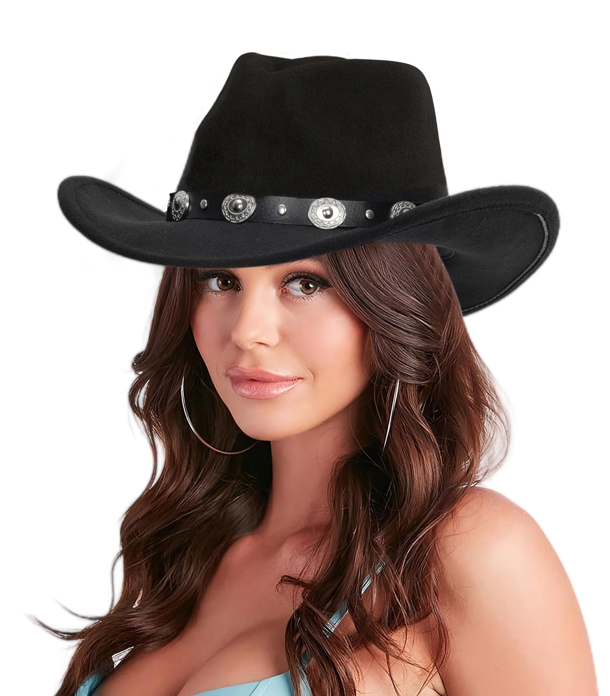 Black Cowboy Cowgirl Hat for Women Men Western Style Wide Brim Felt Fedora Panama Hat with Detachable Belt Buckle