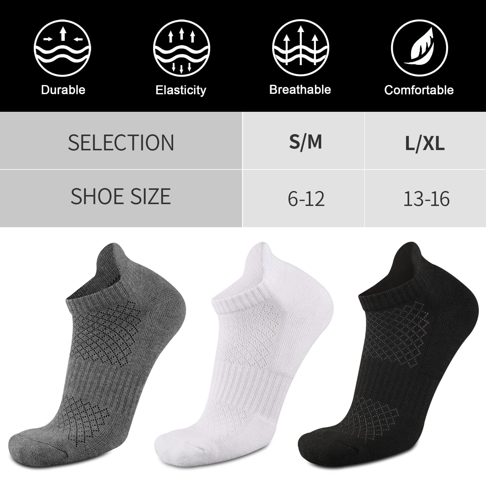 COOPLUS Mens Cotton Socks Ankle Athletic Cushion Running Socks for Men Moisture Wicking Breathable 6 Pairs