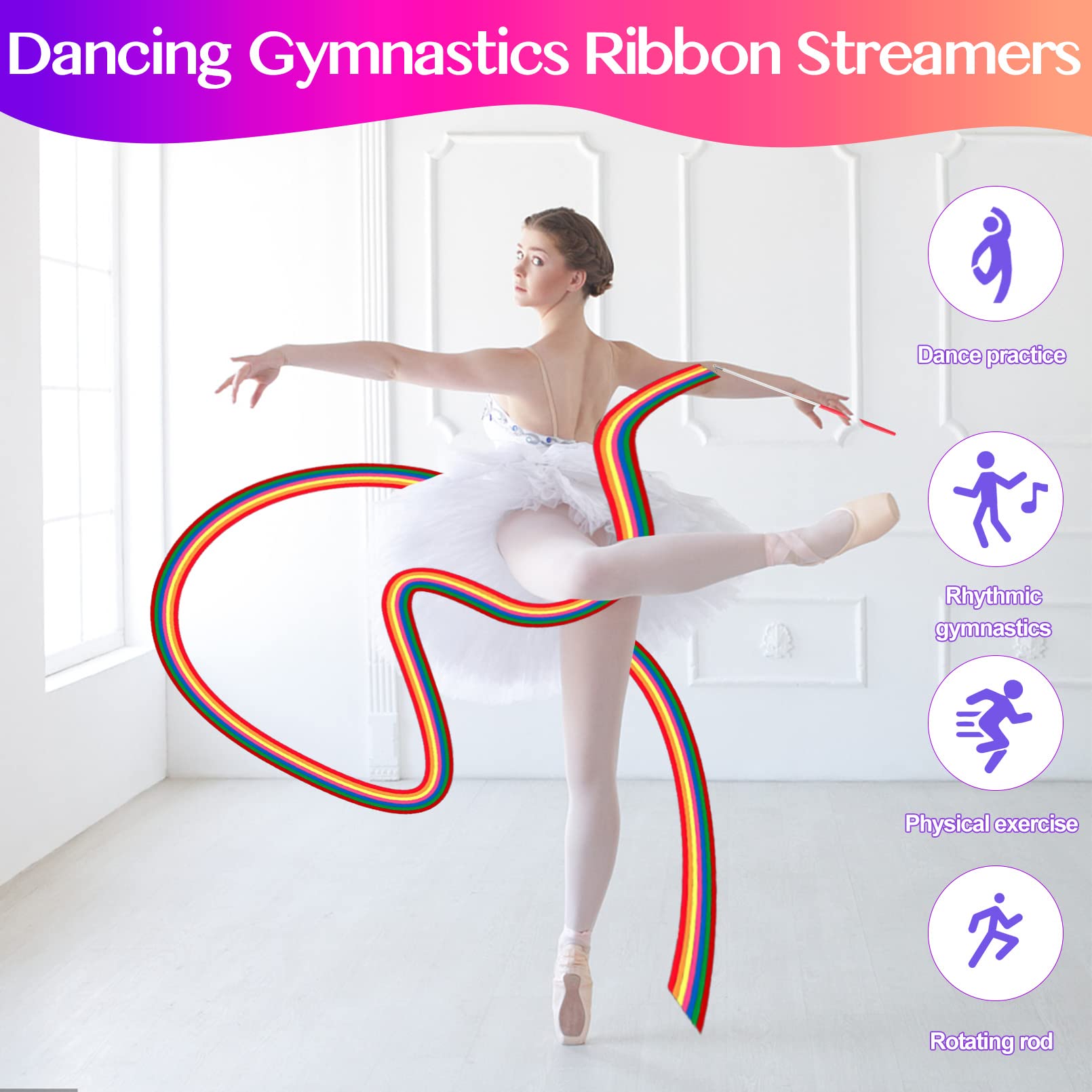 12 Pack Rainbow Dance Ribbons,6.6Ft Dance Ribbons Streamers Rhythmic Gymnastics Ribbon Twirling Ribbons,Baton Twirling Wands on Sticks for Kids Artistic Dancing,Talent Shows,Gymnastics Party Favors