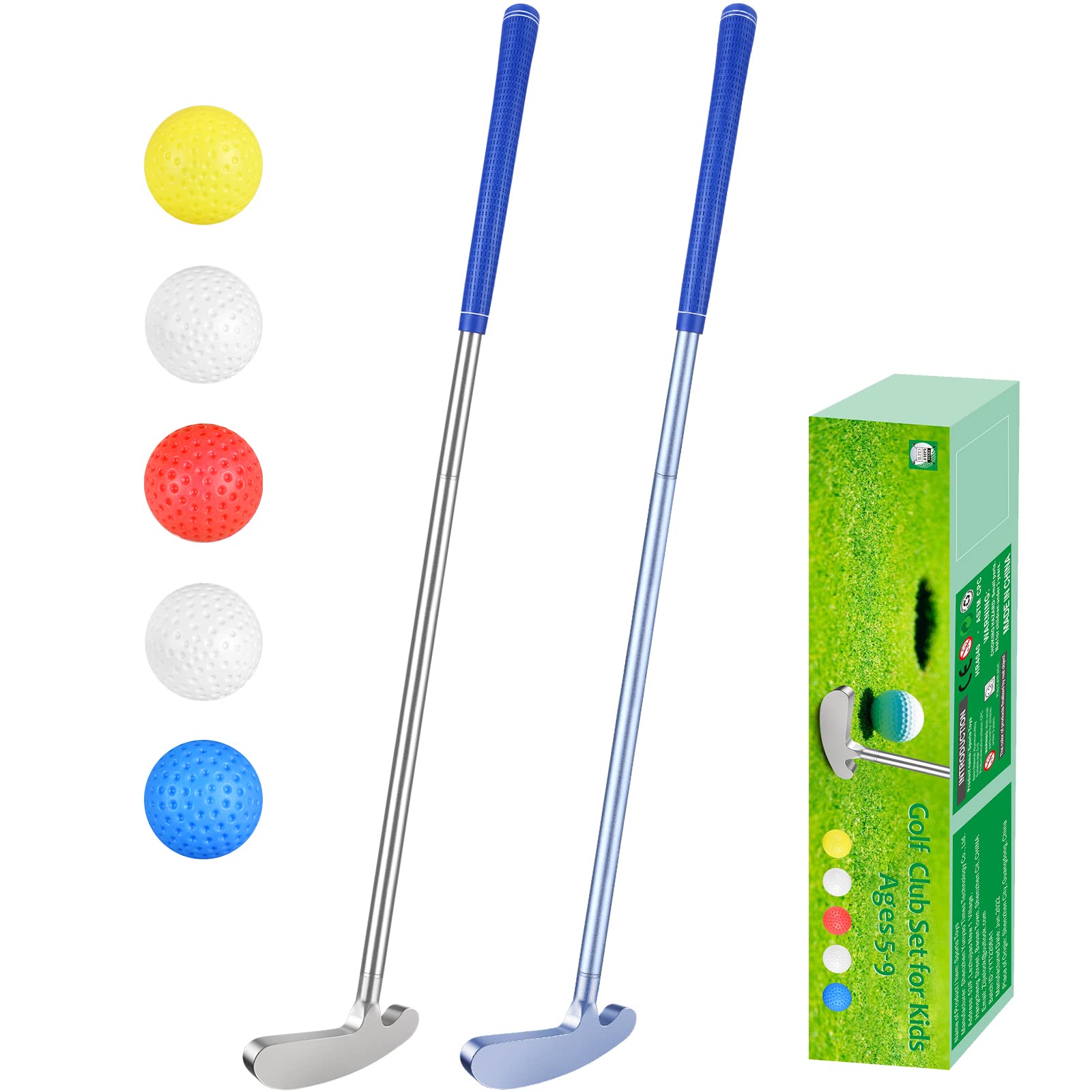 Wassteel Kids Golf Clubs-6063 Aluminum Alloy Golf Putter for Kids Left Handed Golf Set, Indoor/Outdoor Two - Mini Golf Putters Golf Gifts for 5~9 Year Old Boys Girls & 5 Plastic Golf Balls-Silver&Blue