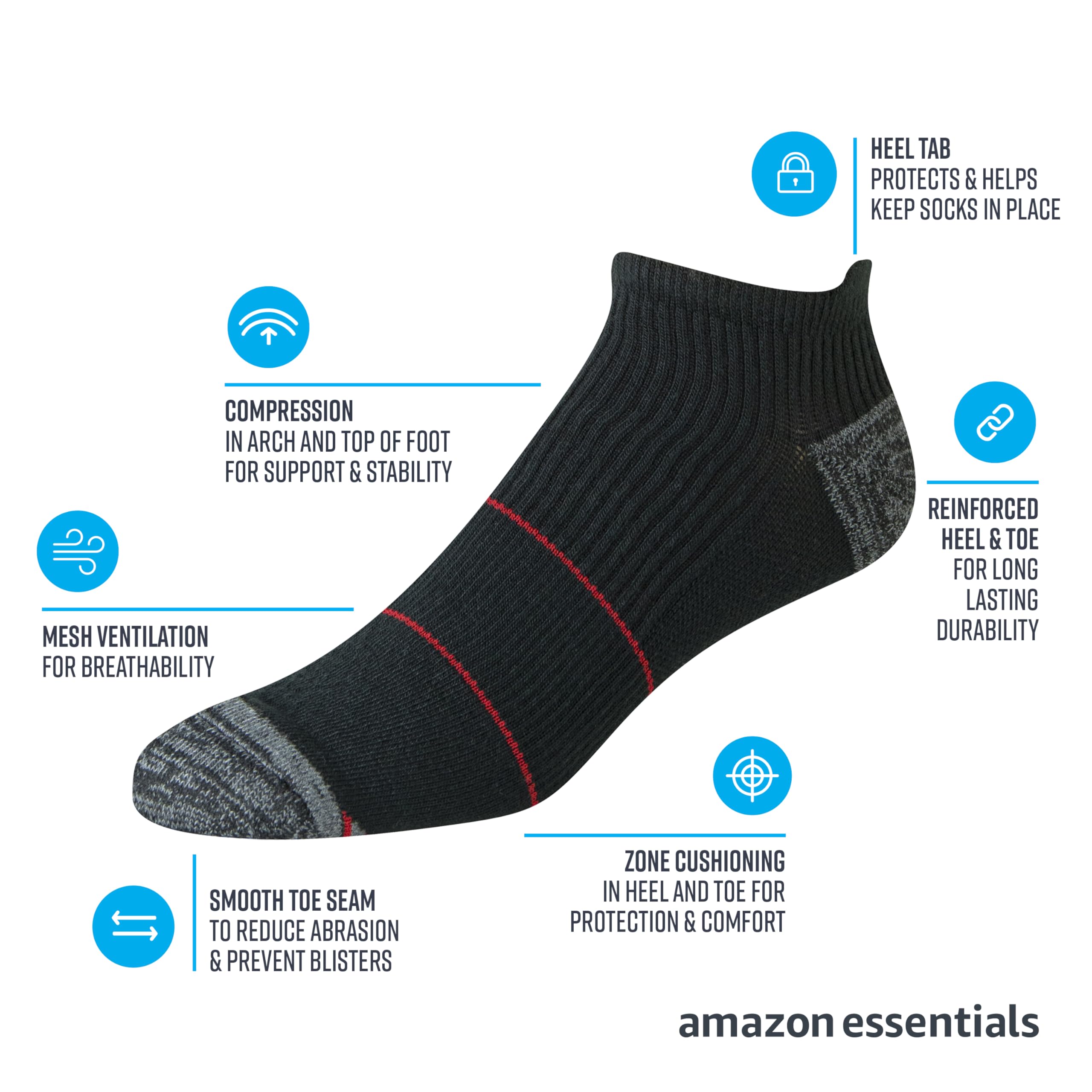 Amazon Essentials Men's Performance Zone Cushion Athletic Tab Socks, 6 Pairs, White, 6-12