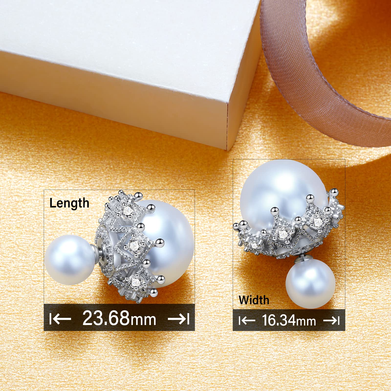 RIMGORIS Double-Sided White Pearl Hollow Zircon White Gold Plated Silver Stud Earrings for Women