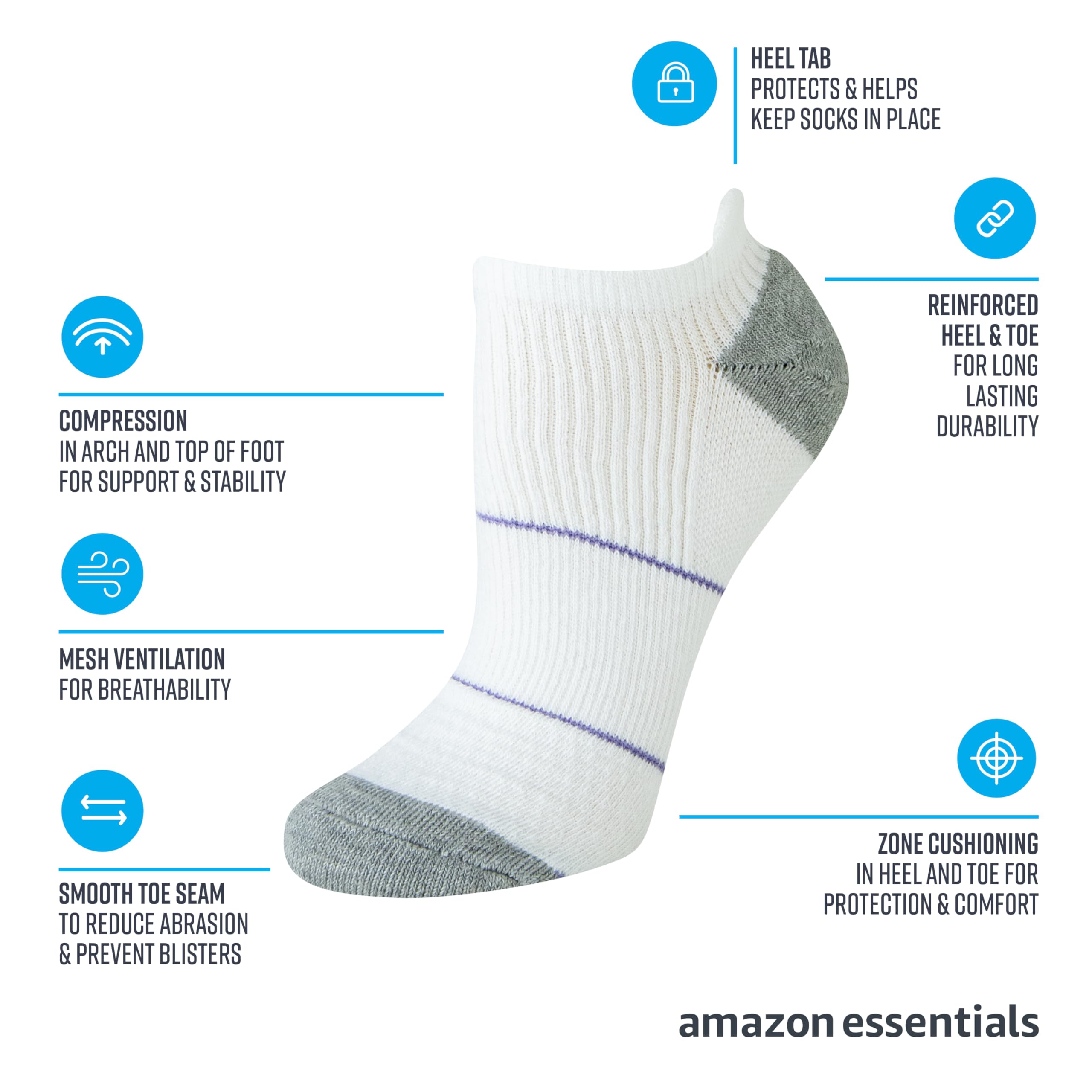 Amazon Essentials Women's Performance Zone Cushion Athletic Tab Socks, 6 Pairs, White, 8-12