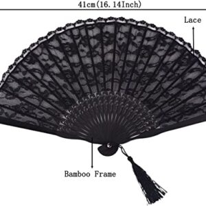 Womens Multi Color Handmade Cotton Lace Folding Hand Fan (Black-A) (Black)