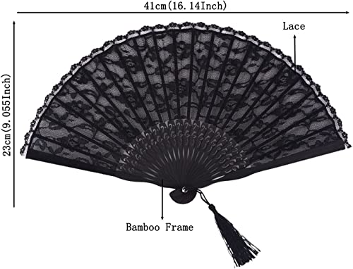 Womens Multi Color Handmade Cotton Lace Folding Hand Fan (Black-A) (Black)