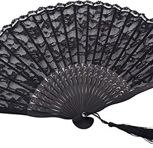 Womens Multi Color Handmade Cotton Lace Folding Hand Fan (Black-A) (Black)