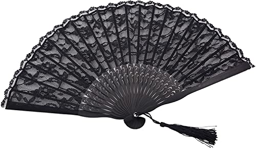 Womens Multi Color Handmade Cotton Lace Folding Hand Fan (Black-A) (Black)