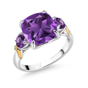 gem stone king 925 silver and 10k yellow gold purple amethyst 3 stone ring for women (3.50 cttw, gemstone february birthstone, cushion 10mm, round 4mm, available in size 5, 6, 7, 8, 9)