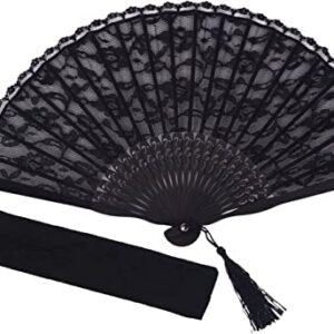 Womens Multi Color Handmade Cotton Lace Folding Hand Fan (Black-A) (Black)