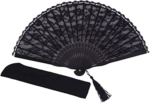 Womens Multi Color Handmade Cotton Lace Folding Hand Fan (Black-A) (Black)