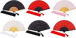 womens multi color handmade cotton lace folding hand fan (black-a) (6-pac)