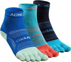 aonijie running ankle toe socks for men and women lightweight coolmax high performance five finger athletic socks(3 pairs/e: black, turquoise, blue,m)