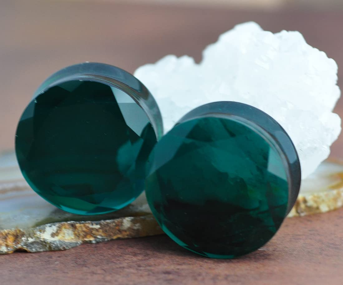 Pair of Seafoam Green Faceted Glass Double Flare Plugs (PG-569) (1/2" (12mm))