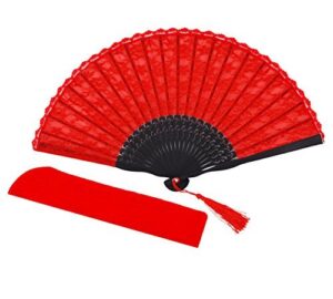 womens multi color handmade cotton lace folding hand fan (black-a) (red)