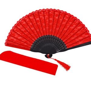 Womens Multi Color Handmade Cotton Lace Folding Hand Fan (Black-A) (Red)