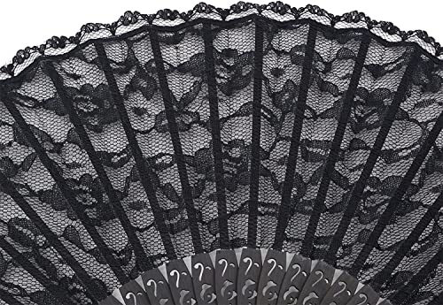 Womens Multi Color Handmade Cotton Lace Folding Hand Fan (Black-A) (Black)