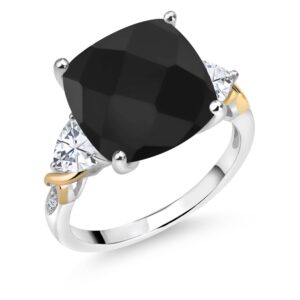 gem stone king 925 silver and 10k yellow black onyx white moissanite and diamond ring for women (6.45 cttw, 12mm cushion and 5mm trillion, gemstone birthstone, available in size 5,6,7,8,9)