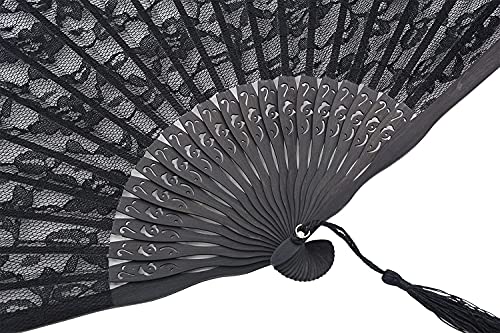 Womens Multi Color Handmade Cotton Lace Folding Hand Fan (Black-A) (Black)