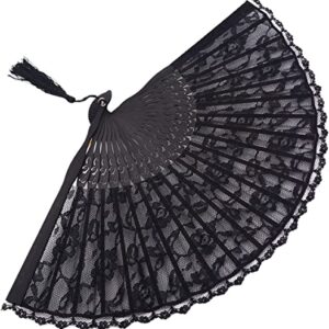 Womens Multi Color Handmade Cotton Lace Folding Hand Fan (Black-A) (Black)