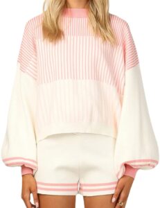 arssm 2 piece sets for women casual knitted striped crewneck pullover long sleeve sweater shorts lounge outfits (white-xl)