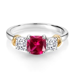 Gem Stone King 925 Sterling Silver and 10K Yellow Gold Red Created Ruby and White Moissanite 3 Stone Engagement Ring For Women (1.64 Cttw, Cushion Cut 6MM and 4MM, Available In Size 5, 6, 7, 8, 9)