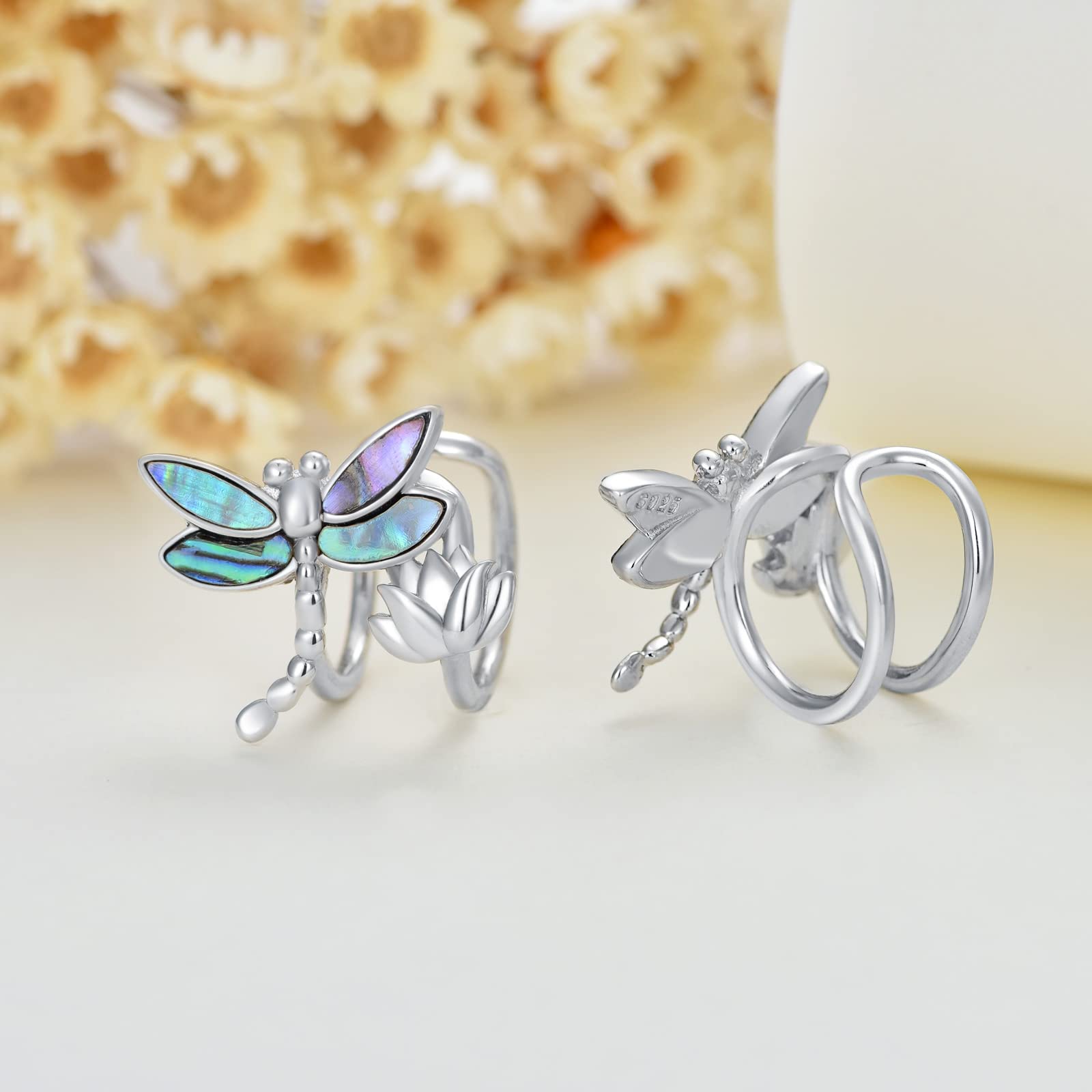 Dragonfly Ear Cuffs for Non PierceD Ears Sterling Silver Cuff Earrings with Abalone Shell, Dragonfly Gifts for Women