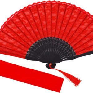 Womens Multi Color Handmade Cotton Lace Folding Hand Fan (Black-A) (Red)