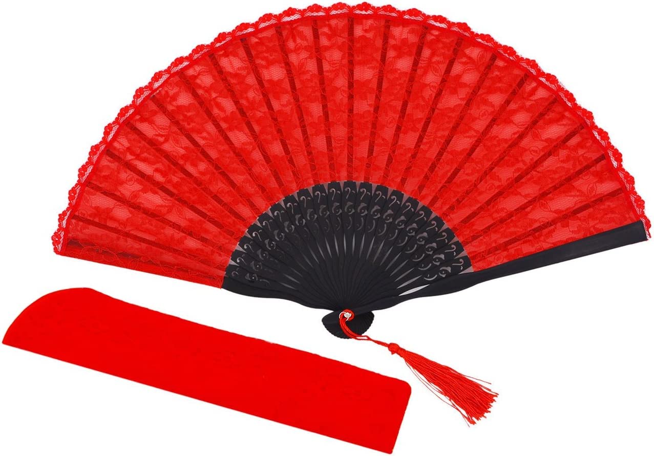 Womens Multi Color Handmade Cotton Lace Folding Hand Fan (Black-A) (Red)