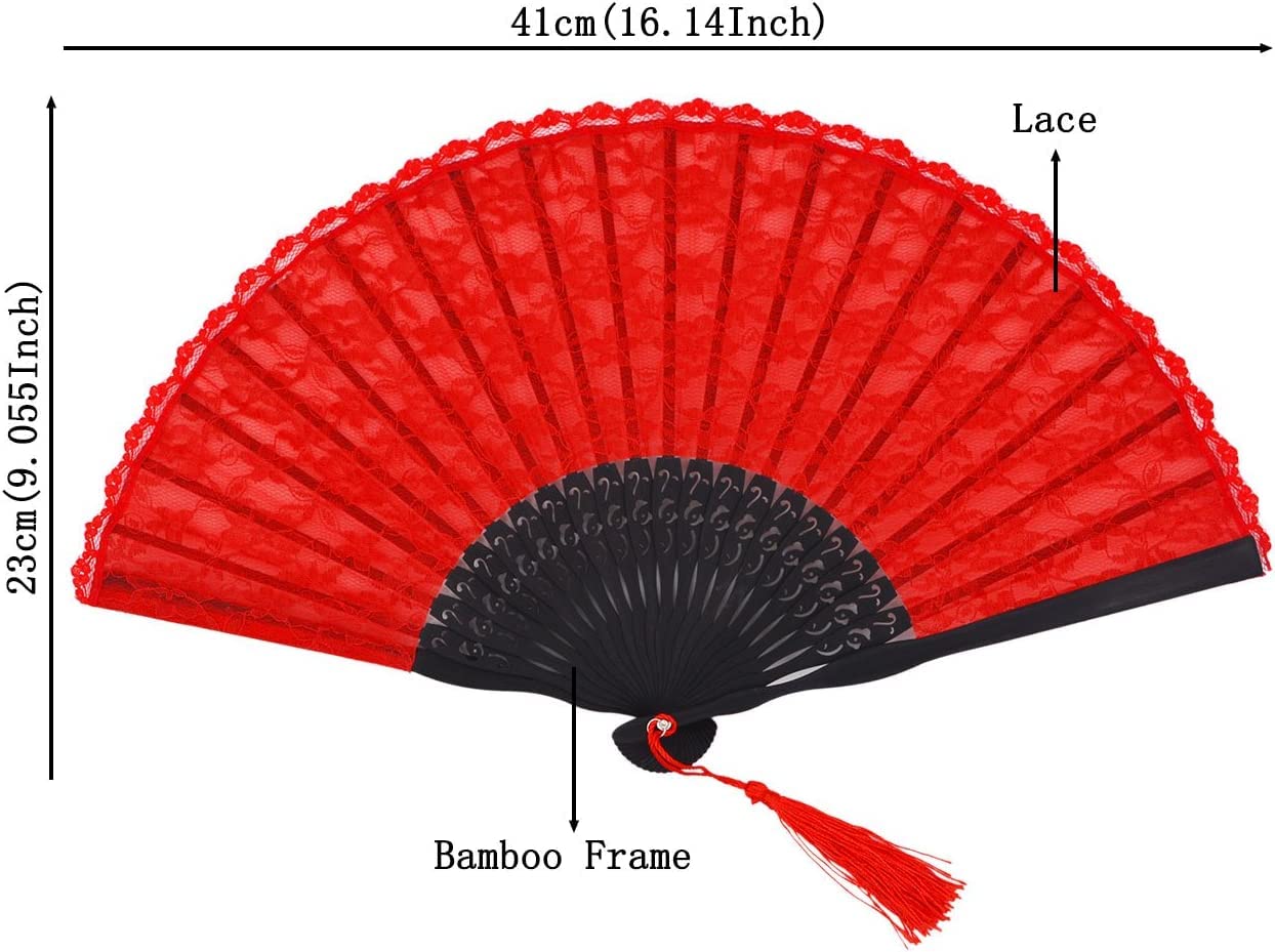 Womens Multi Color Handmade Cotton Lace Folding Hand Fan (Black-A) (Red)