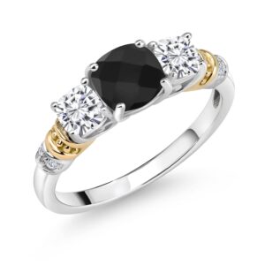 gem stone king 925 silver and 10k yellow gold black onyx white moissanite and diamond 3-stone ring for women (1.59 cttw, cushion checkerboard 6mm and 4mm) (size 9)