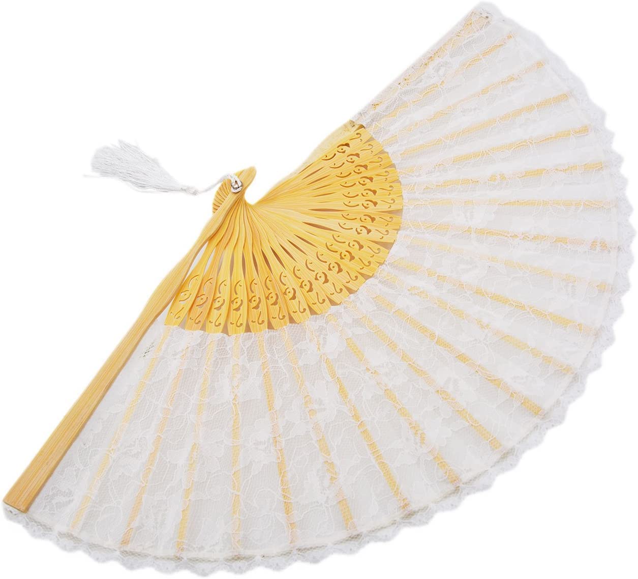 Womens Multi Color Handmade Cotton Lace Folding Hand Fan (Black-A) (White)