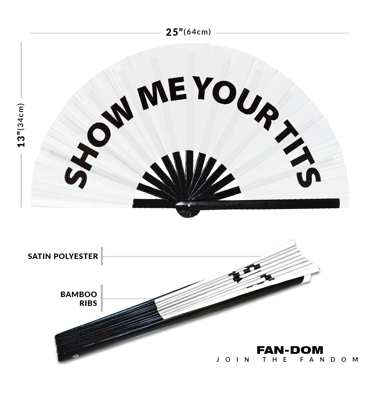 Show me your Tits hand fan foldable bamboo circuit hand fan funny gag slang words expressions statement gifts Festival accessories Rave handheld Circuit event fan Clack fans (White)