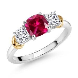 gem stone king 925 sterling silver and 10k yellow gold red created ruby and white moissanite 3 stone engagement ring for women (1.64 cttw, cushion cut 6mm and 4mm, available in size 5, 6, 7, 8, 9)